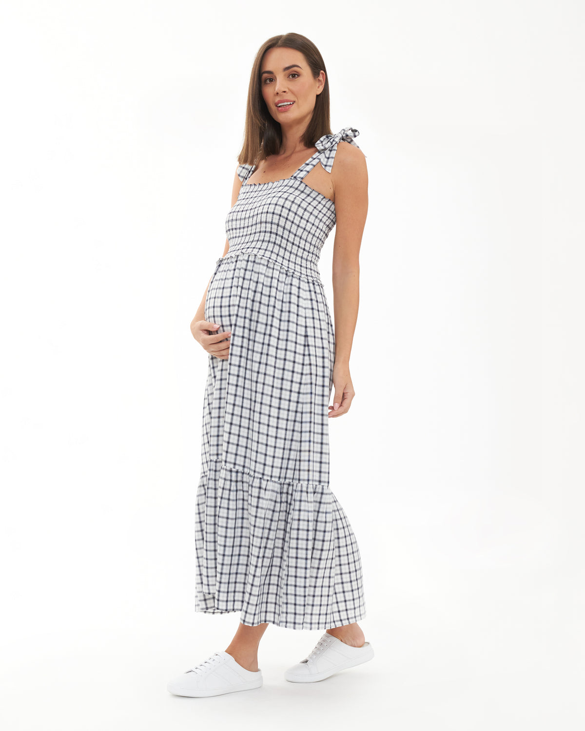Phoebe Smocked Dress - White / Navy
